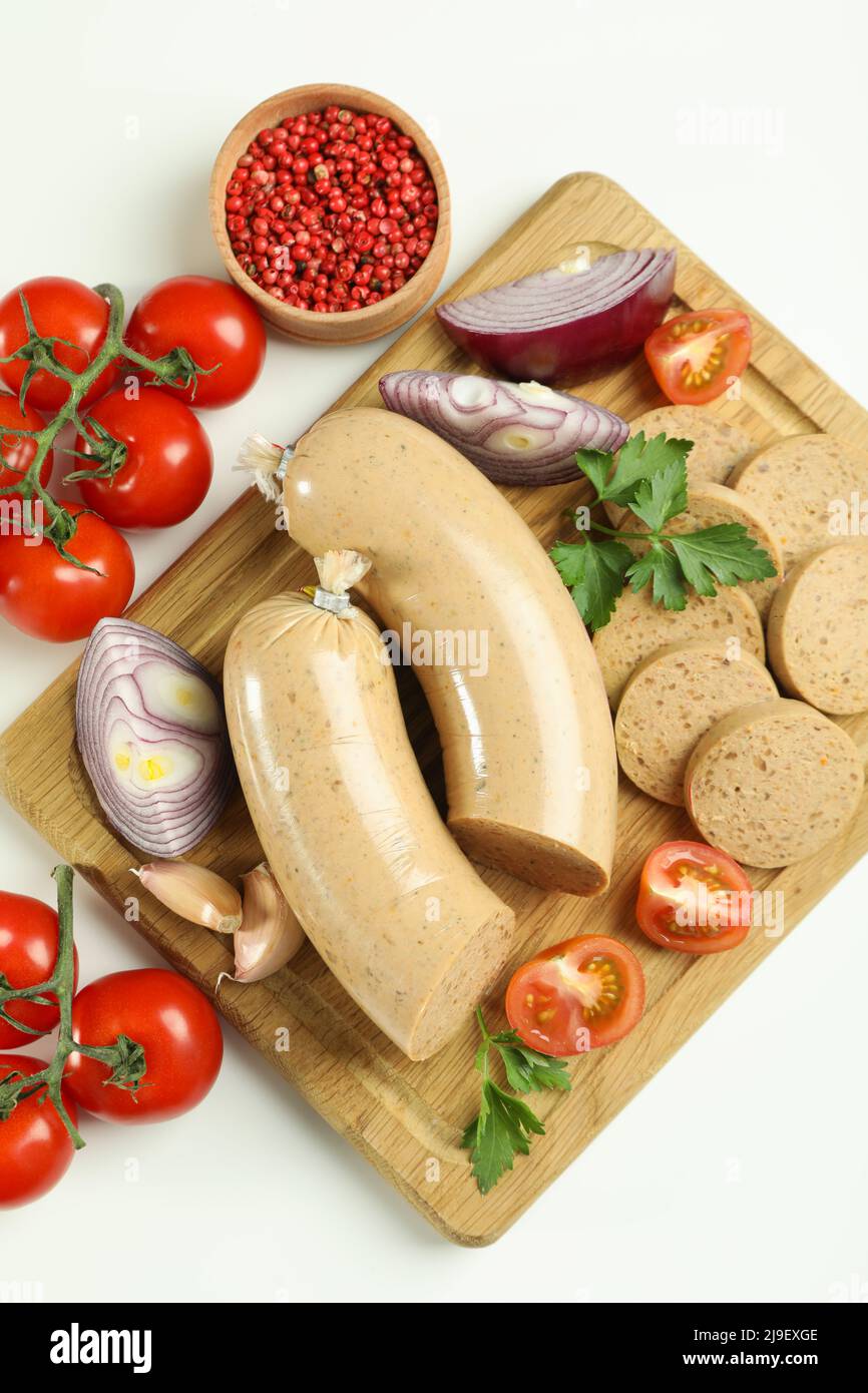 Concept of tasty food, liverwurst sausage, top view Stock Photo - Alamy