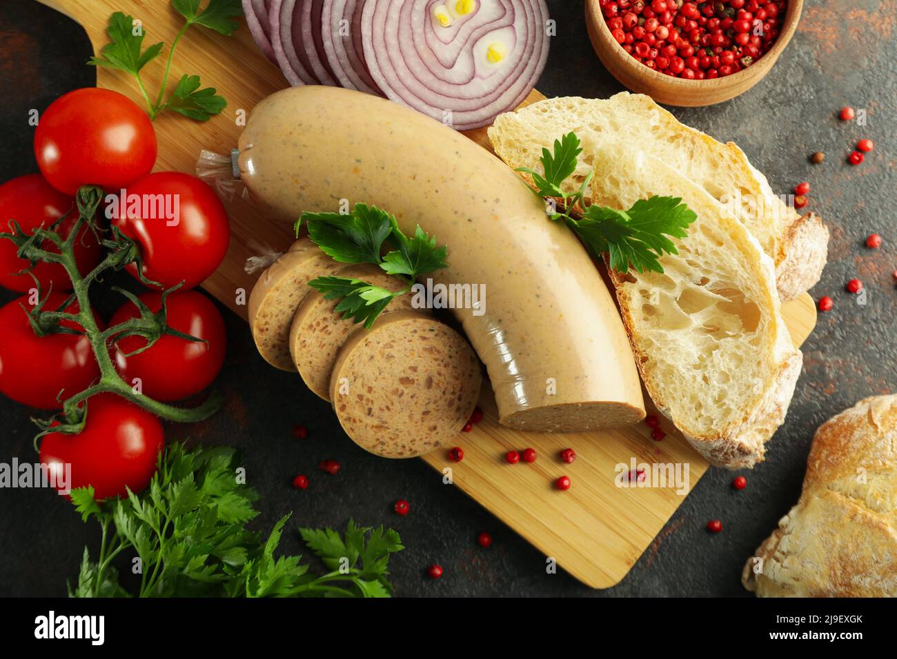 Concept of tasty food, liverwurst sausage, top view Stock Photo - Alamy