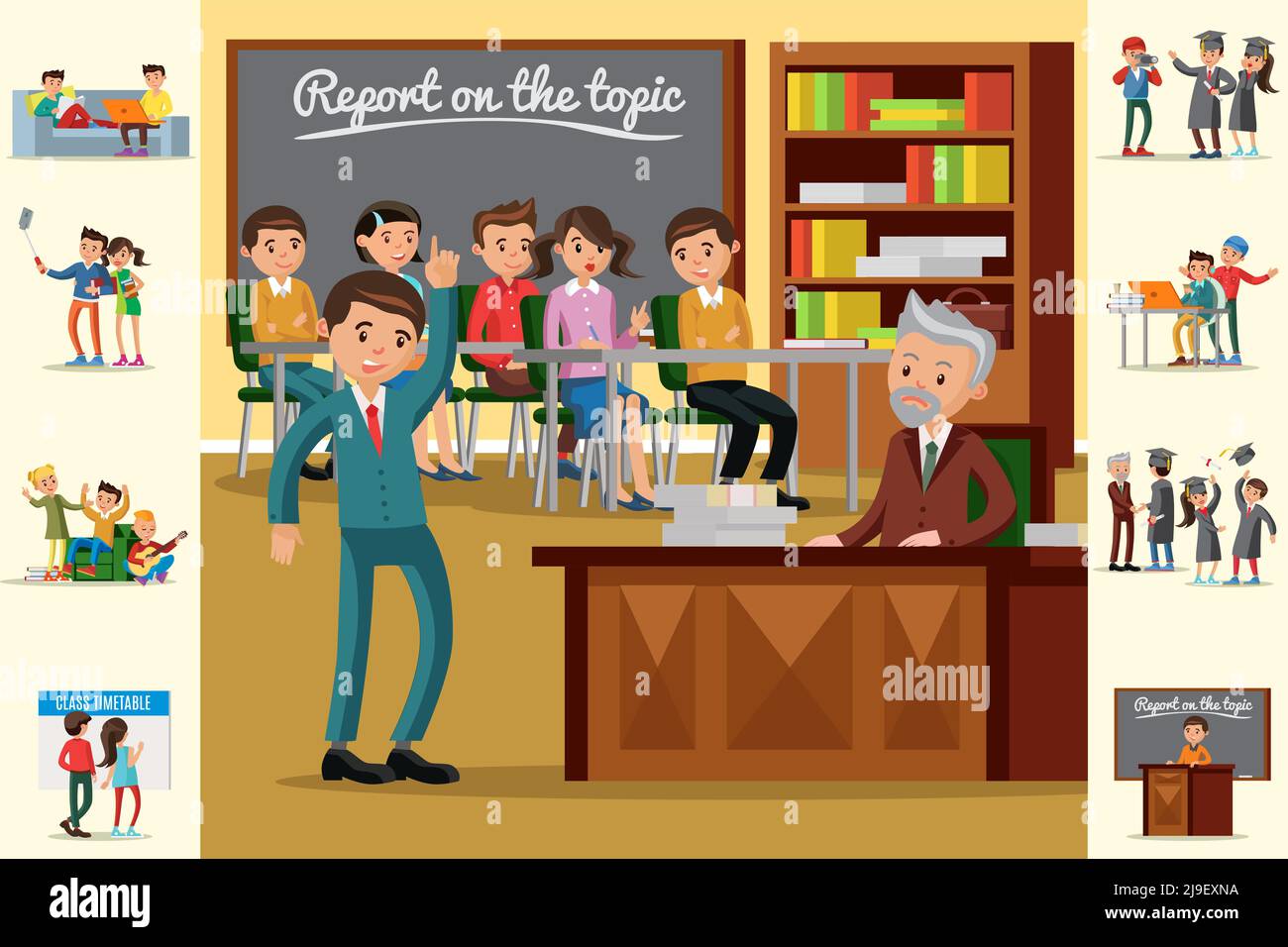 Colorful education concept with students at seminar having rest time ...