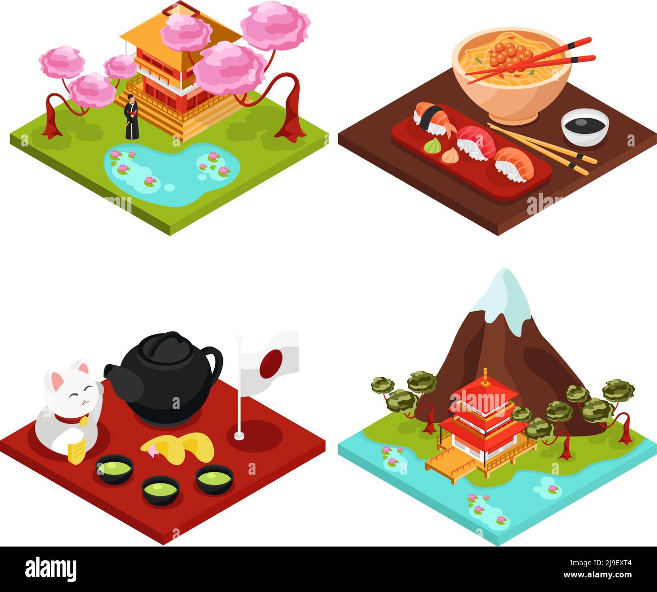 Japan travel culture food concept 4 isometric compositions with ...