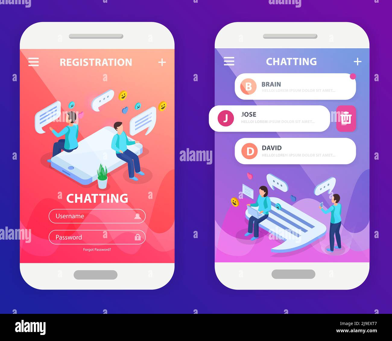 Chatting mobile app isometric composition with registration login and ...