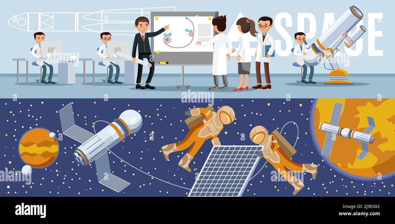 Galaxy exploration horizontal banners with scientists in observatory ...