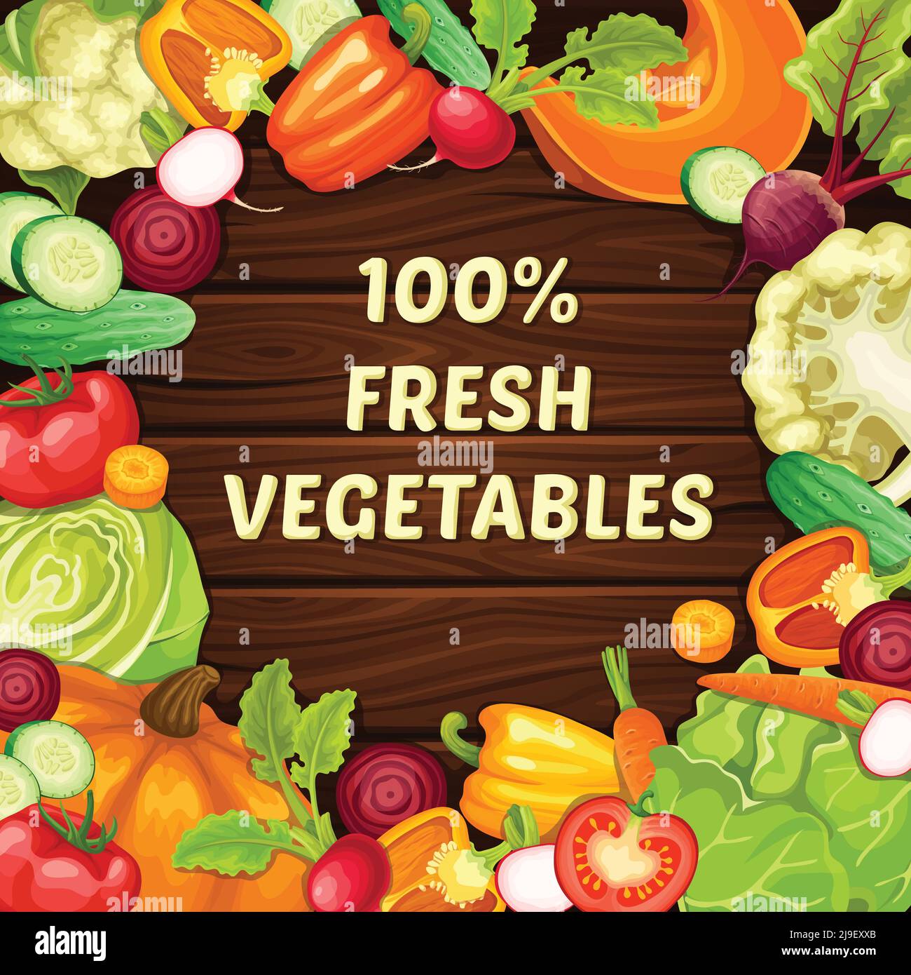 Cartoon organic natural food template with fresh vegetables on wooden ...