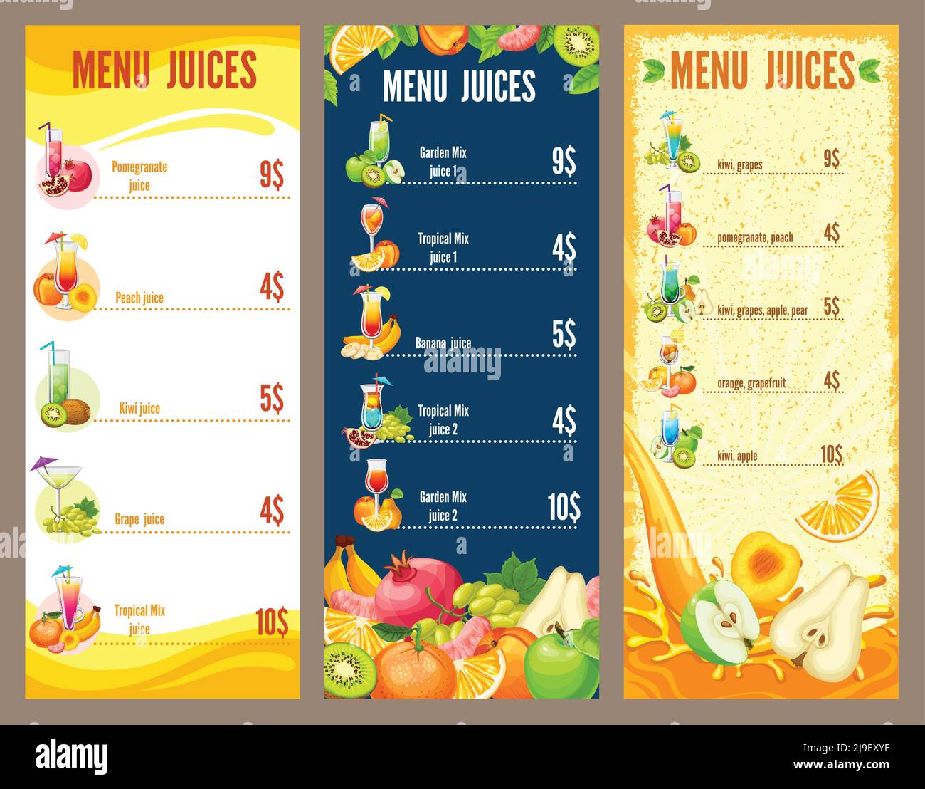 Colorful natural juices menu template with beverages of fresh fruits in ...