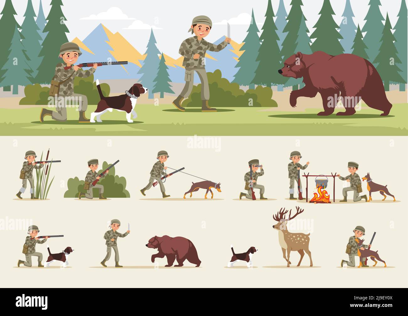 Colorful hunting concept with wild animals dogs and hunters in ...