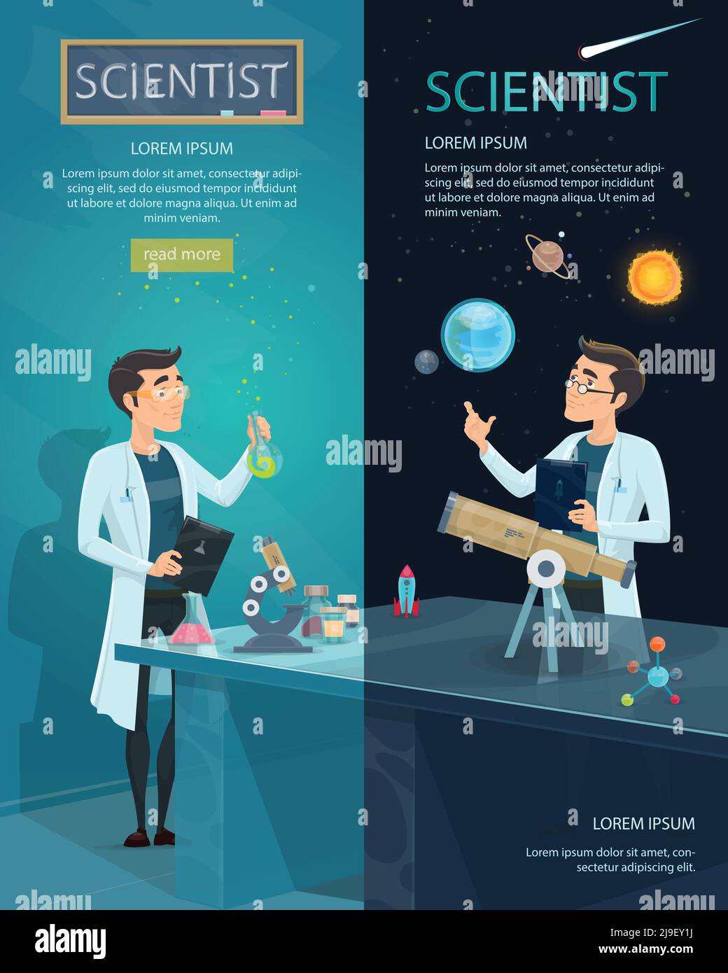 Scientific vertical banners with scientist in laboratory and astronomer ...