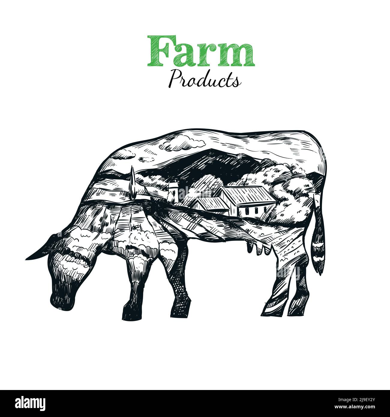 Cow silhouette sketch poster with country landscape mountains trees and ...