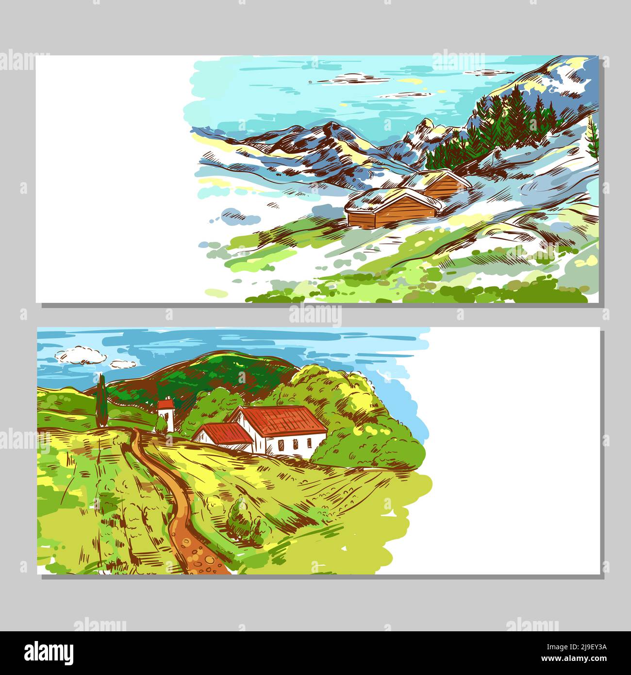 Sketch colorful countryside landscapes with houses field trees ...