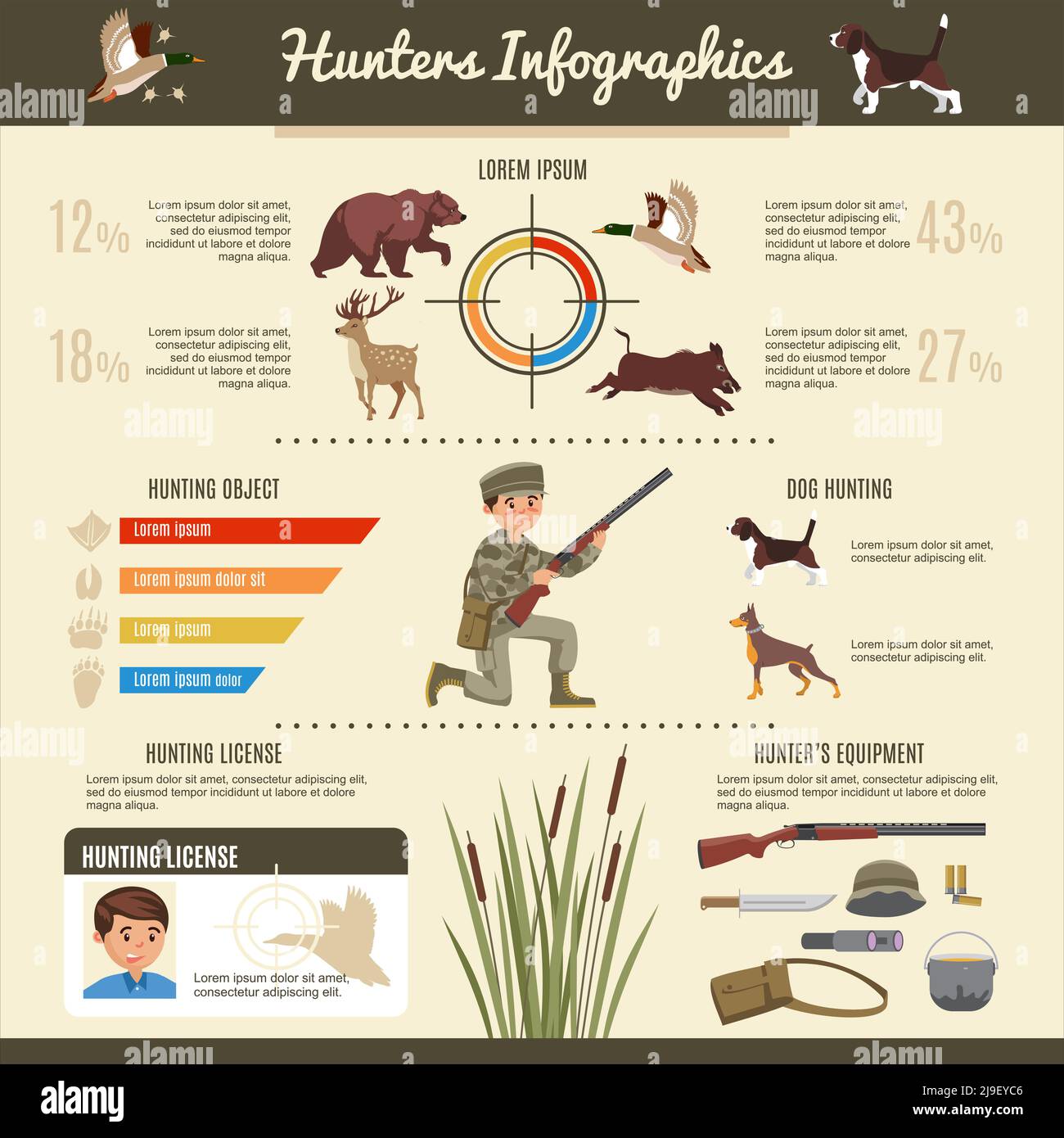 Hunting infographic template with hunter animals weapon binocular pot ...