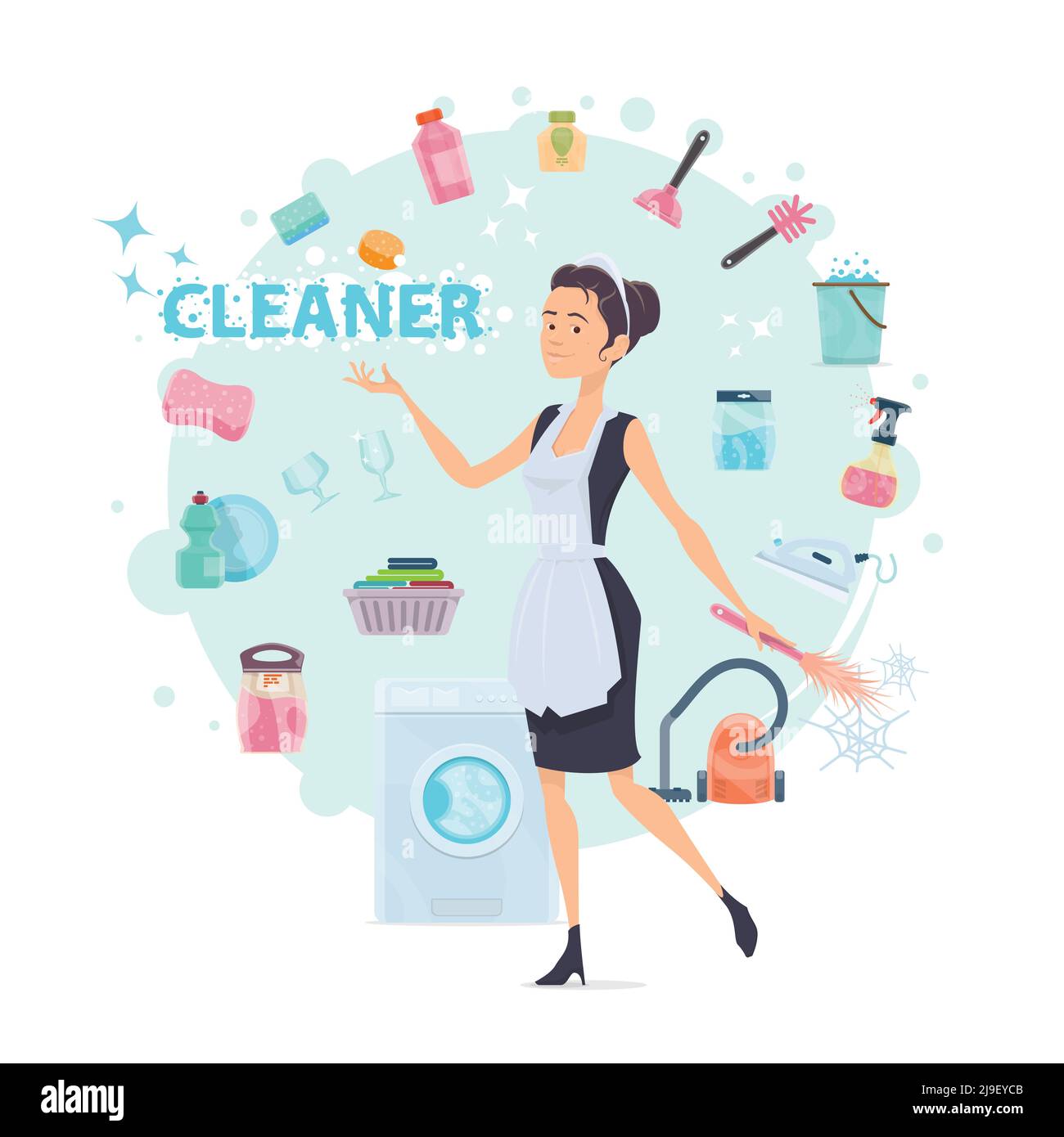 Colorful cleaning round composition with maid and different household ...