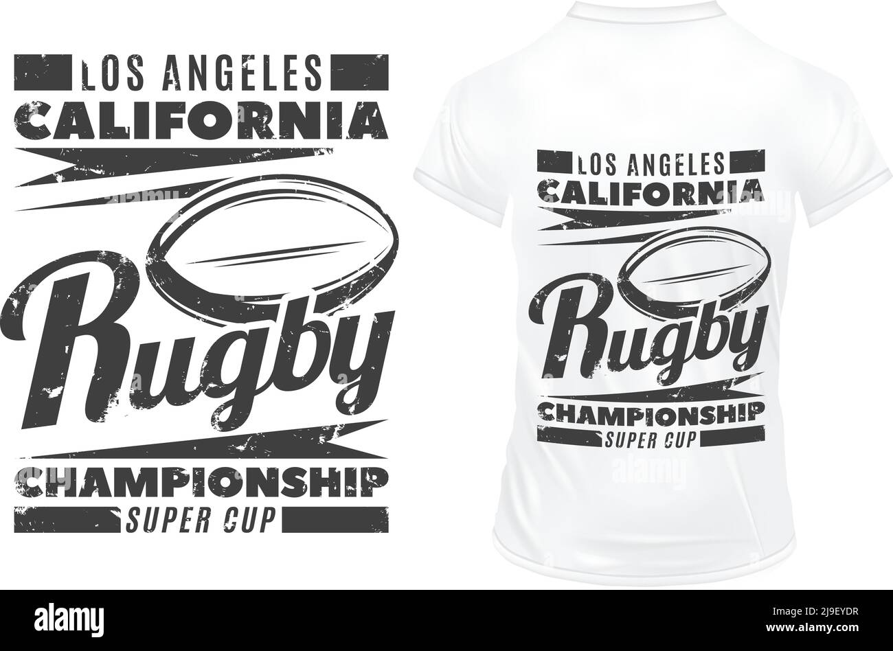 Vintage monochrome rugby print template with white jersey and black ...