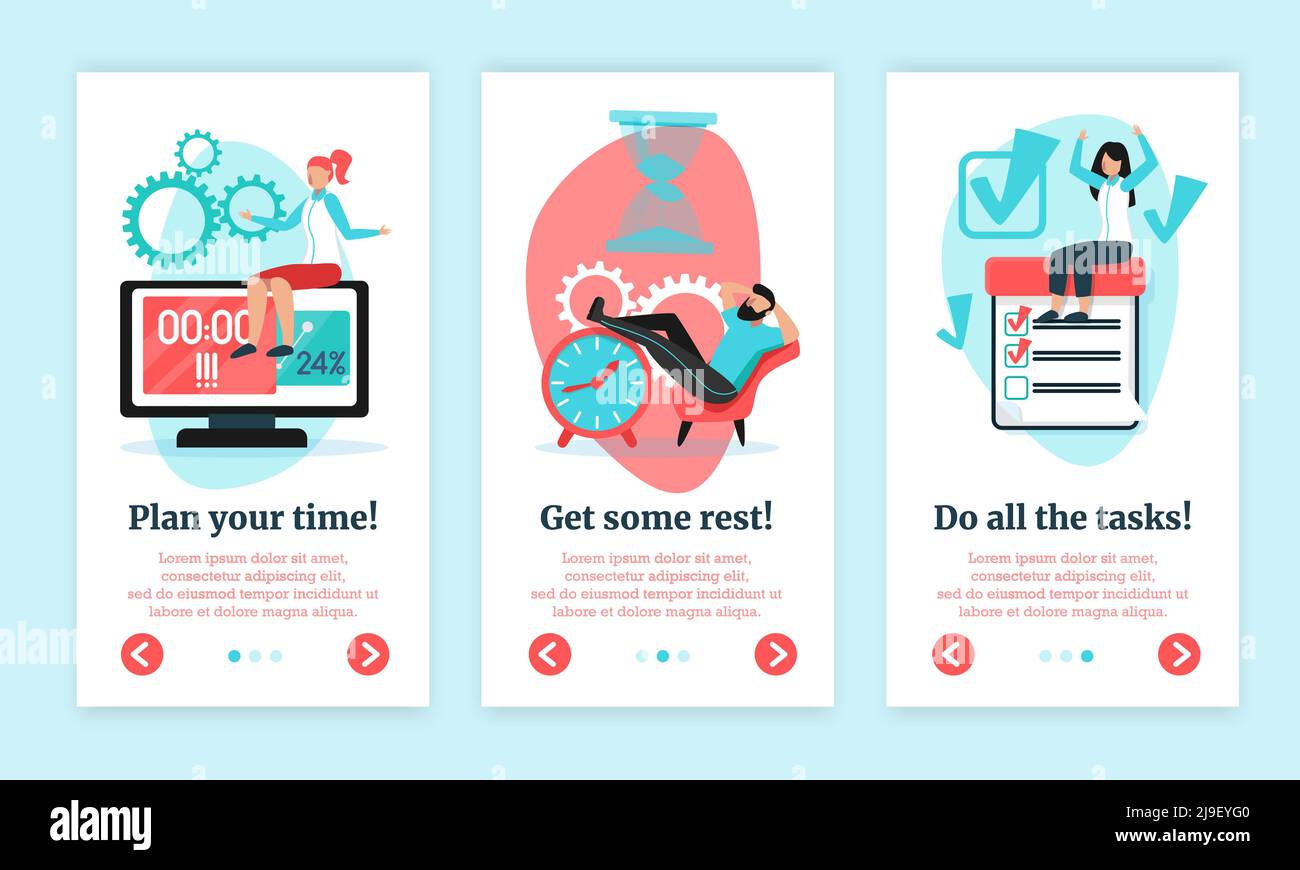 Time management 3 flat vertical banners set with tasks planning relaxing get work done isolated ...