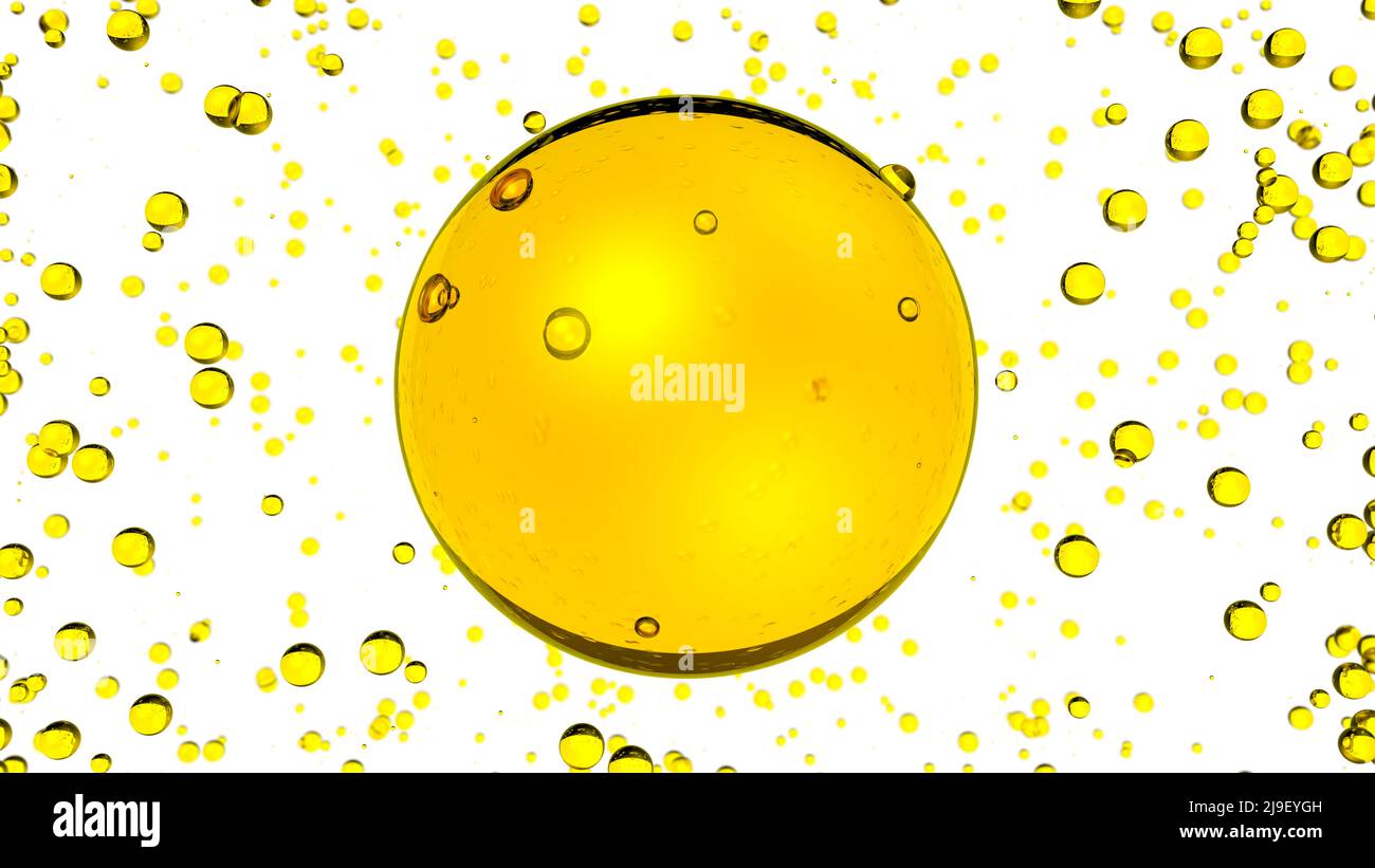 3d oil bubbles isolated. Golden yellow oil liquid drops on empty white ...