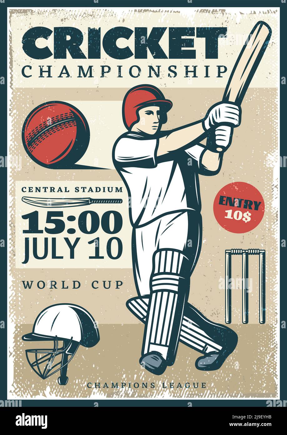 Vintage cricket championship sport poster with professional player ...