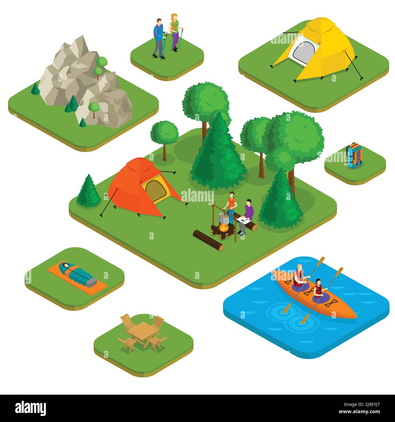 Isometric colorful active recreation concept with people camping hiking ...