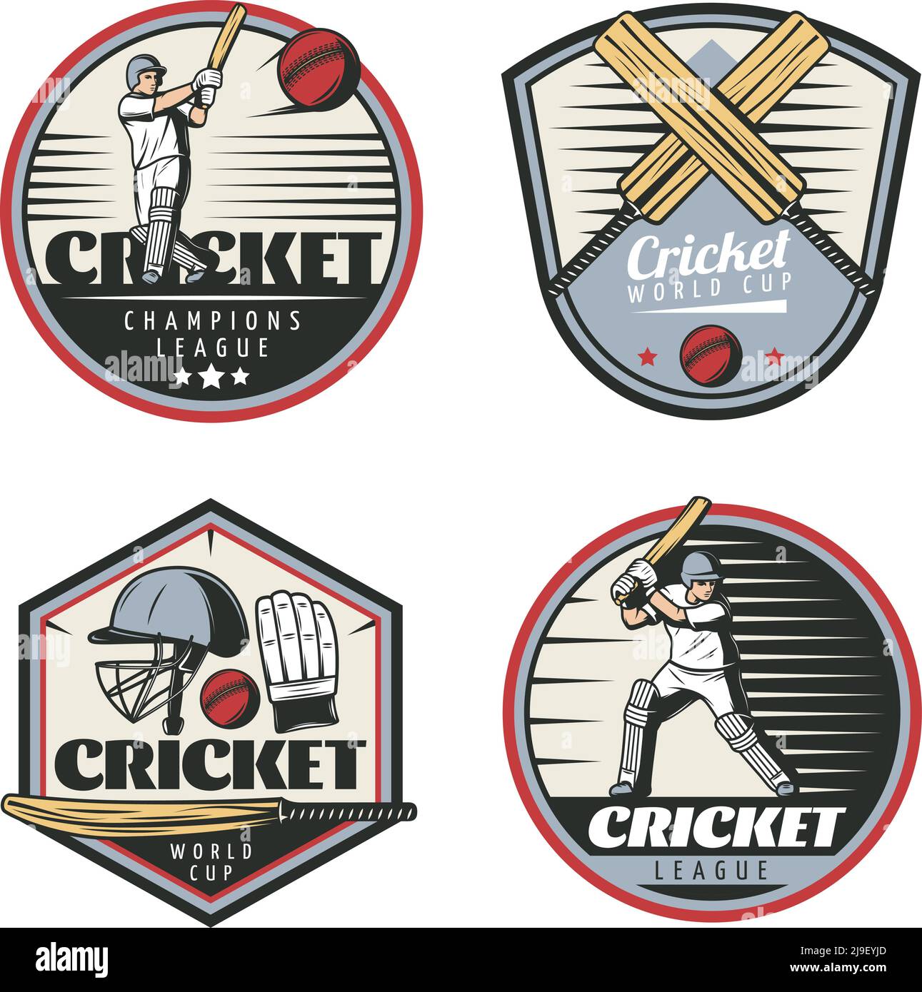 Colored vintage cricket sport emblems set with sportsmen crossed bats ...