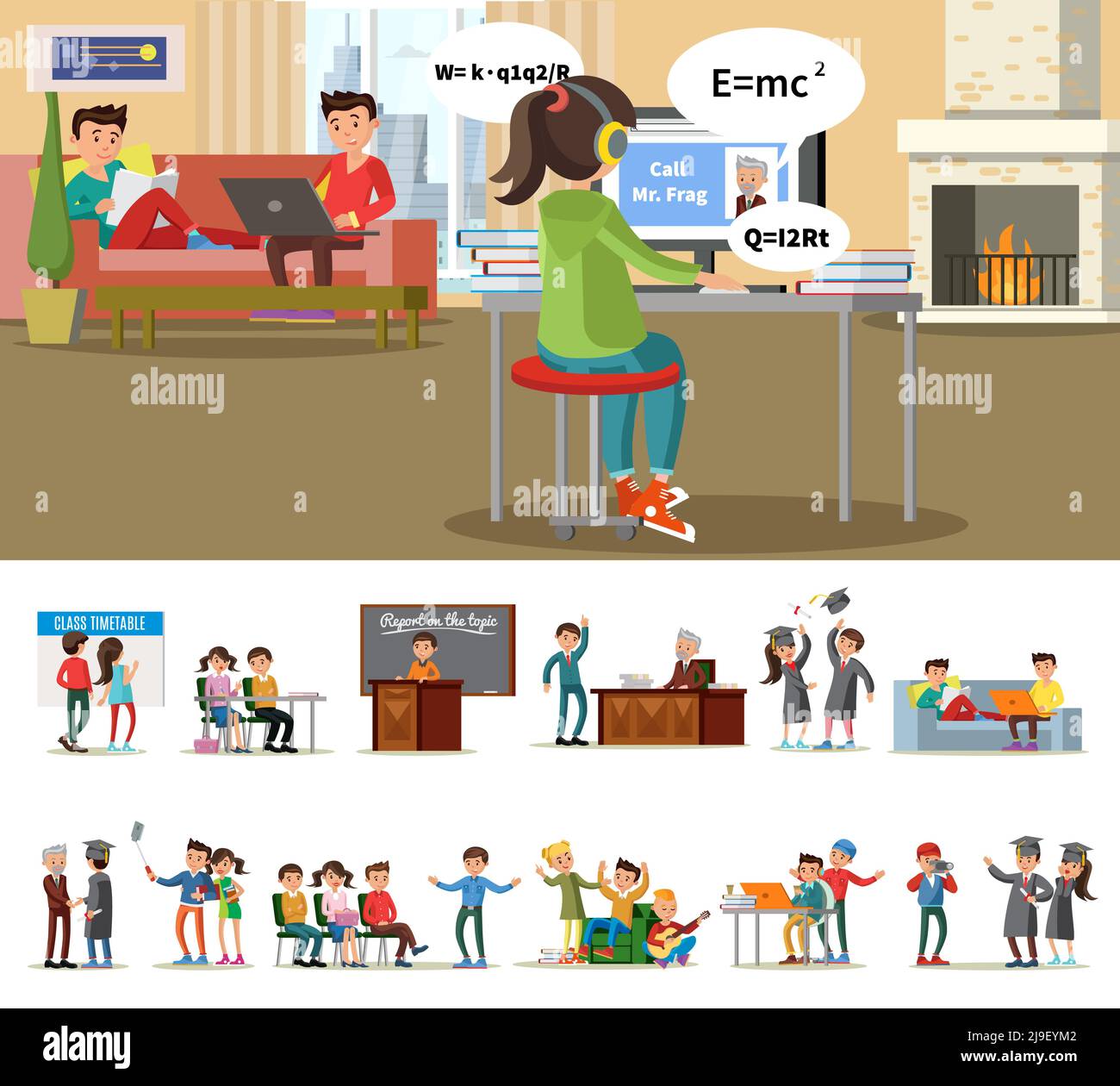 Education and learning concept with students in different situations in ...