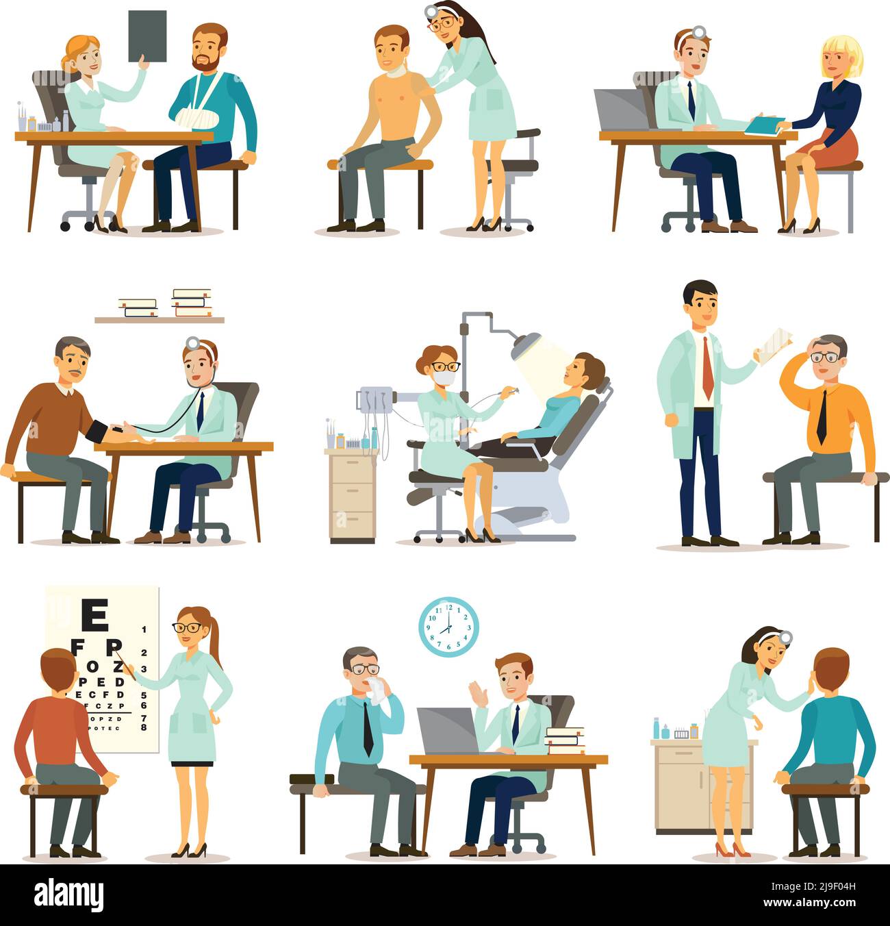 Medical examination collection with people visiting different doctors ...