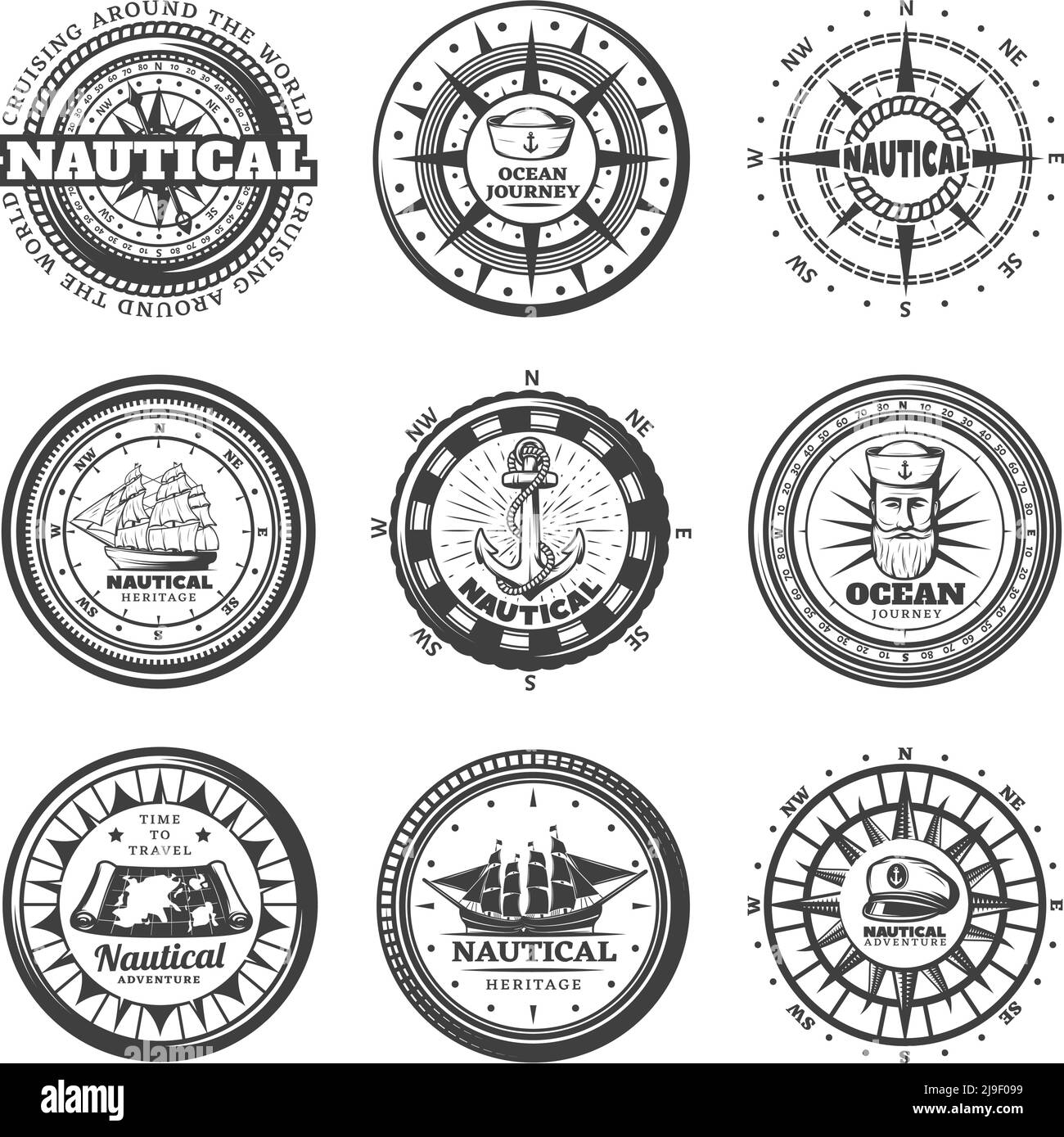 Vintage monochrome round nautical labels set with compass hats captain ...