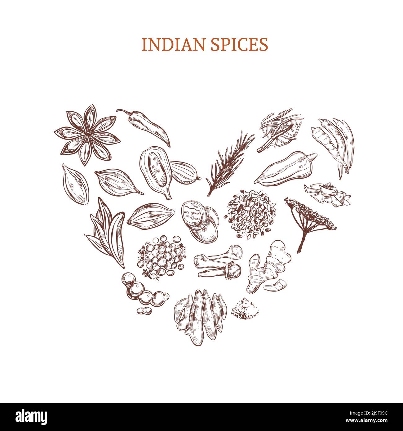 Hand drawn indian spices concept with natural herbs and plants in heart ...