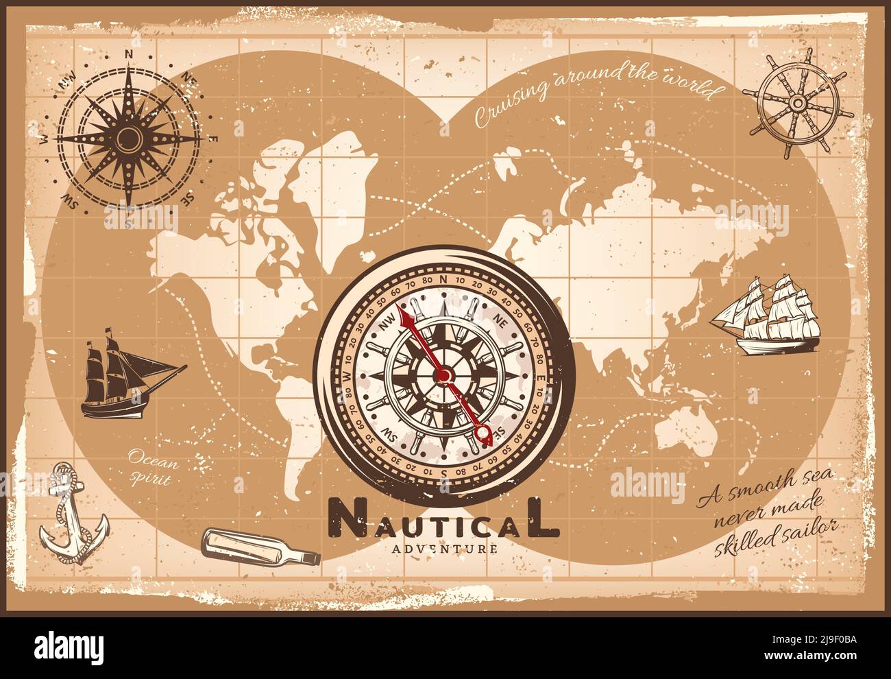 Vintage nautical world map template with compass bottle anchor steering ...