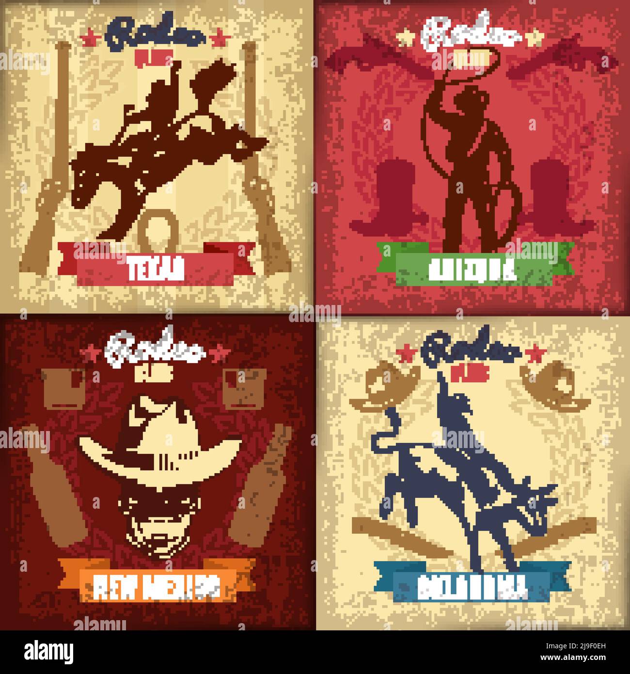 Vintage wild west emblems with cowboy riding animals skull weapon and ...