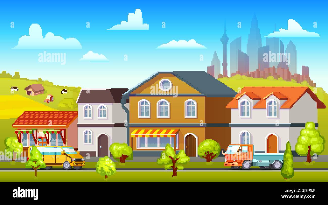 Colorful landscape template with suburban buildings green trees farm ...