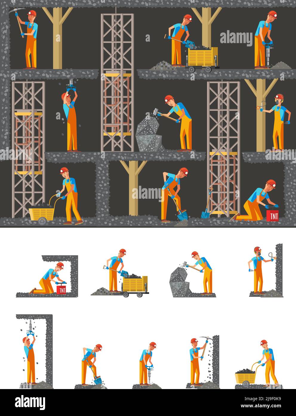 Mining industry flat composition with working miners holding different ...