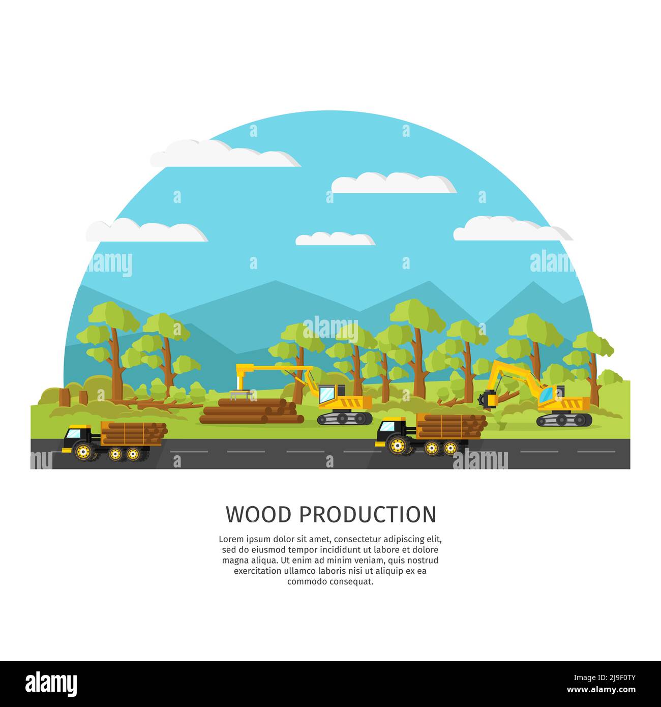 Industrial wood manufacturing template with vehicle and trees cutting ...