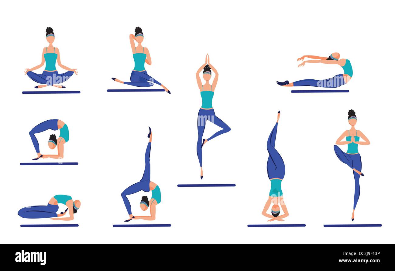 Colorful healthy women set with slim girls meditating in different ...