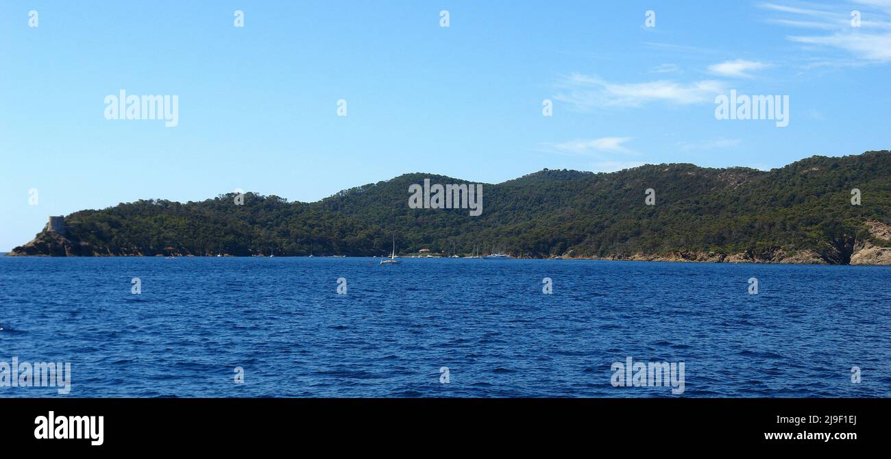 Port Cros island seen from the sea which is part of the Hyeres islands ...