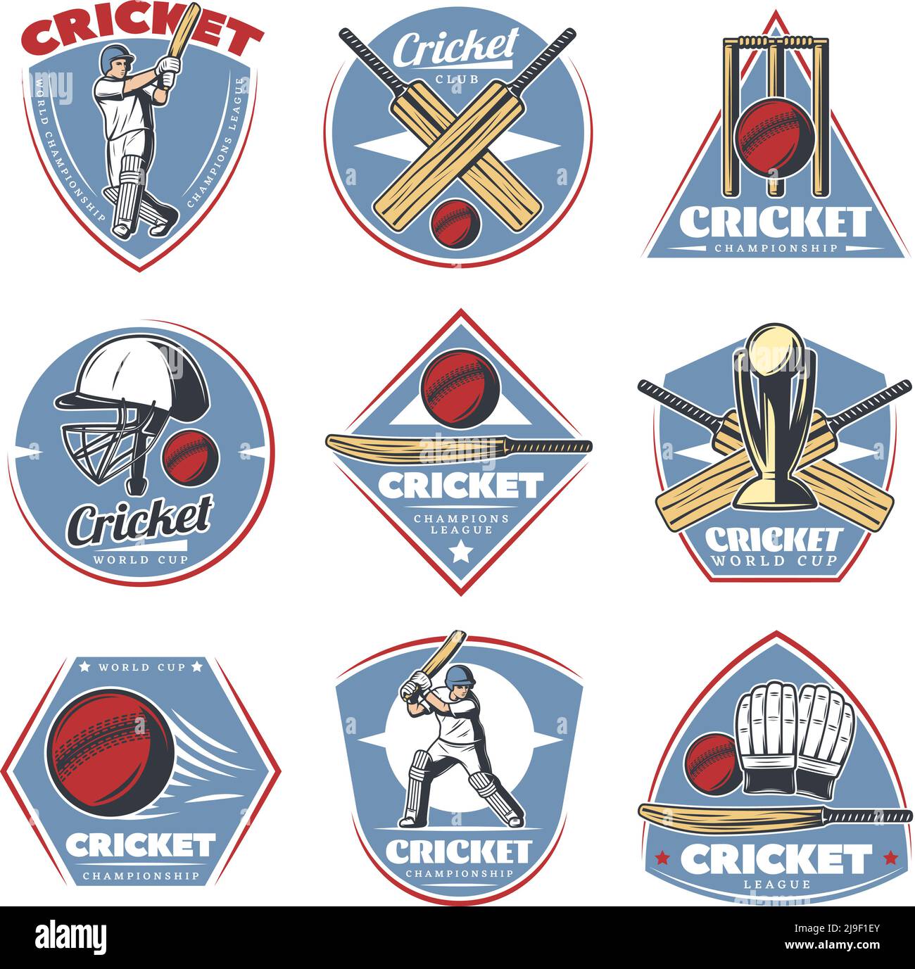 Colored vintage cricket logos set with professional players sport ...