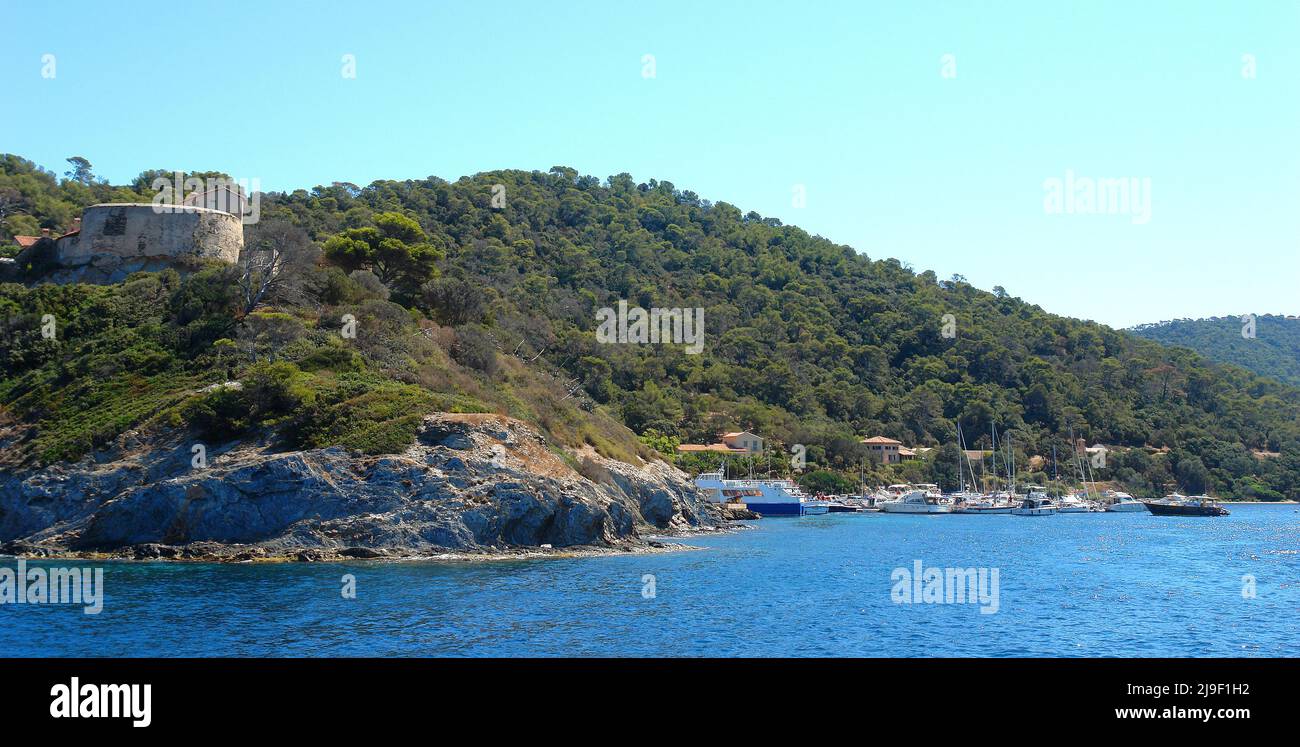 Port Cros island seen from the sea which is part of the Hyeres islands ...