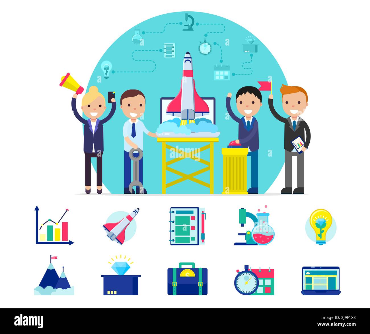 Start up company concept with people group launching rocket and ... Start up company concept with people group launching rocket and ...