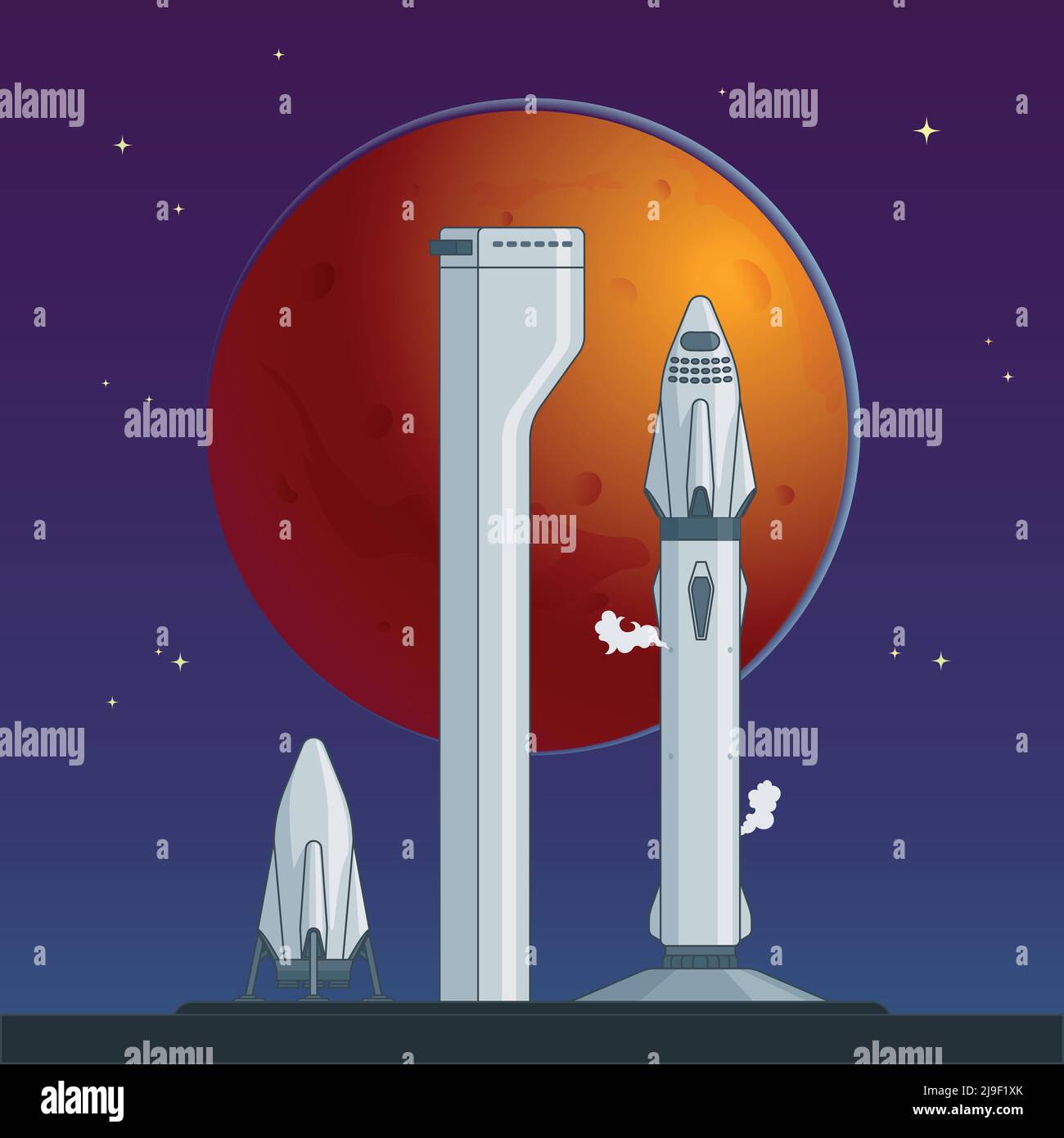 Flat rocket and spaceship concept before launch on night sky and planet ...