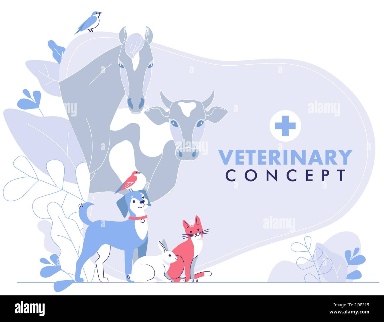 Crowd of animals with cat, dog, cow, horse, rabbit, birds. Medicine ...