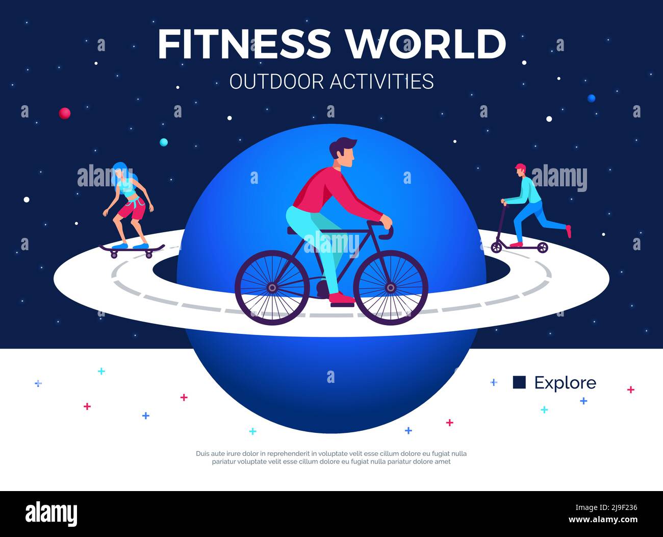 Fitness world outdoor physical activities promoting poster with people ...