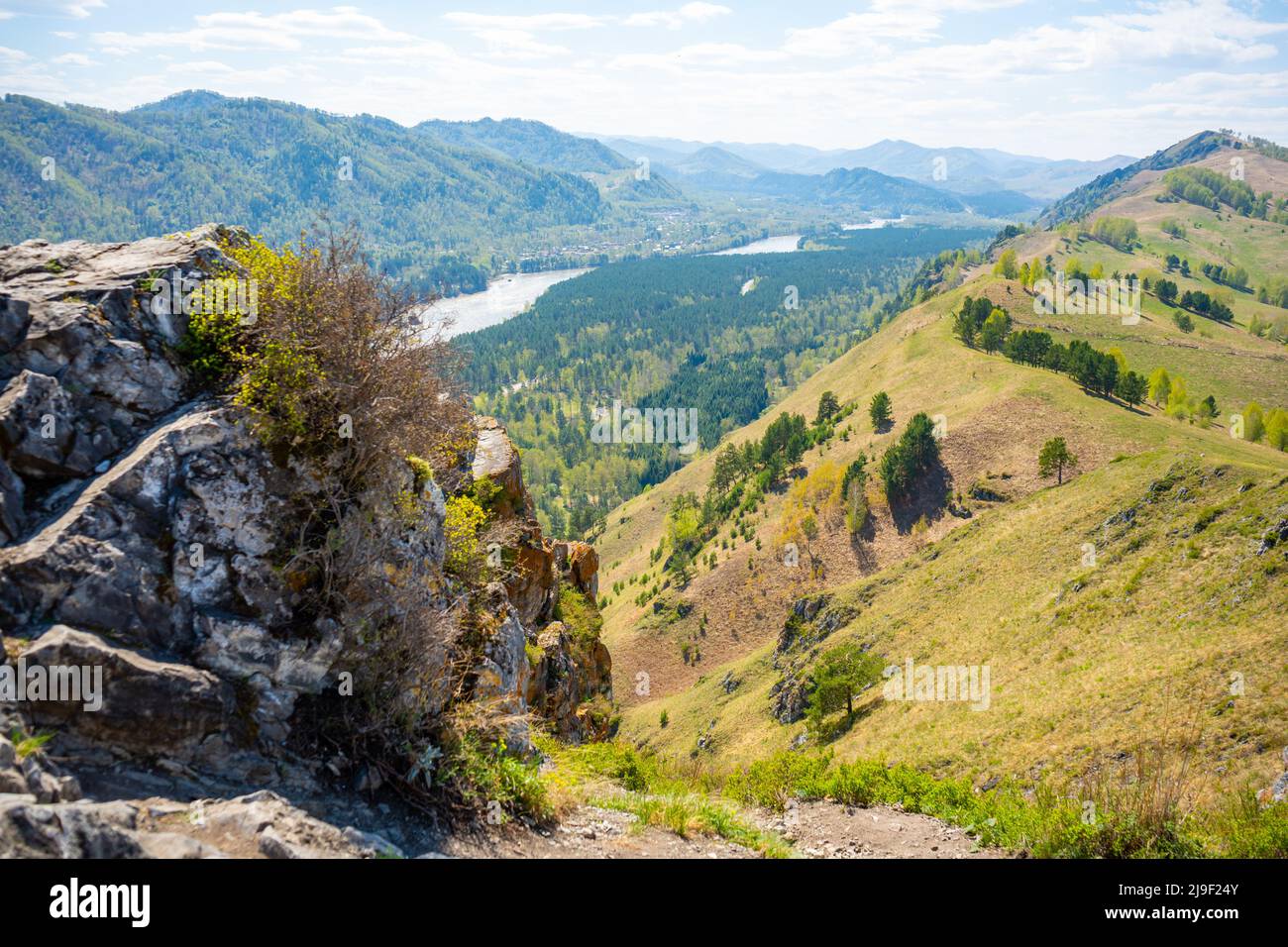 View with mountains, river Katun and valley from top of the rock - damn ...