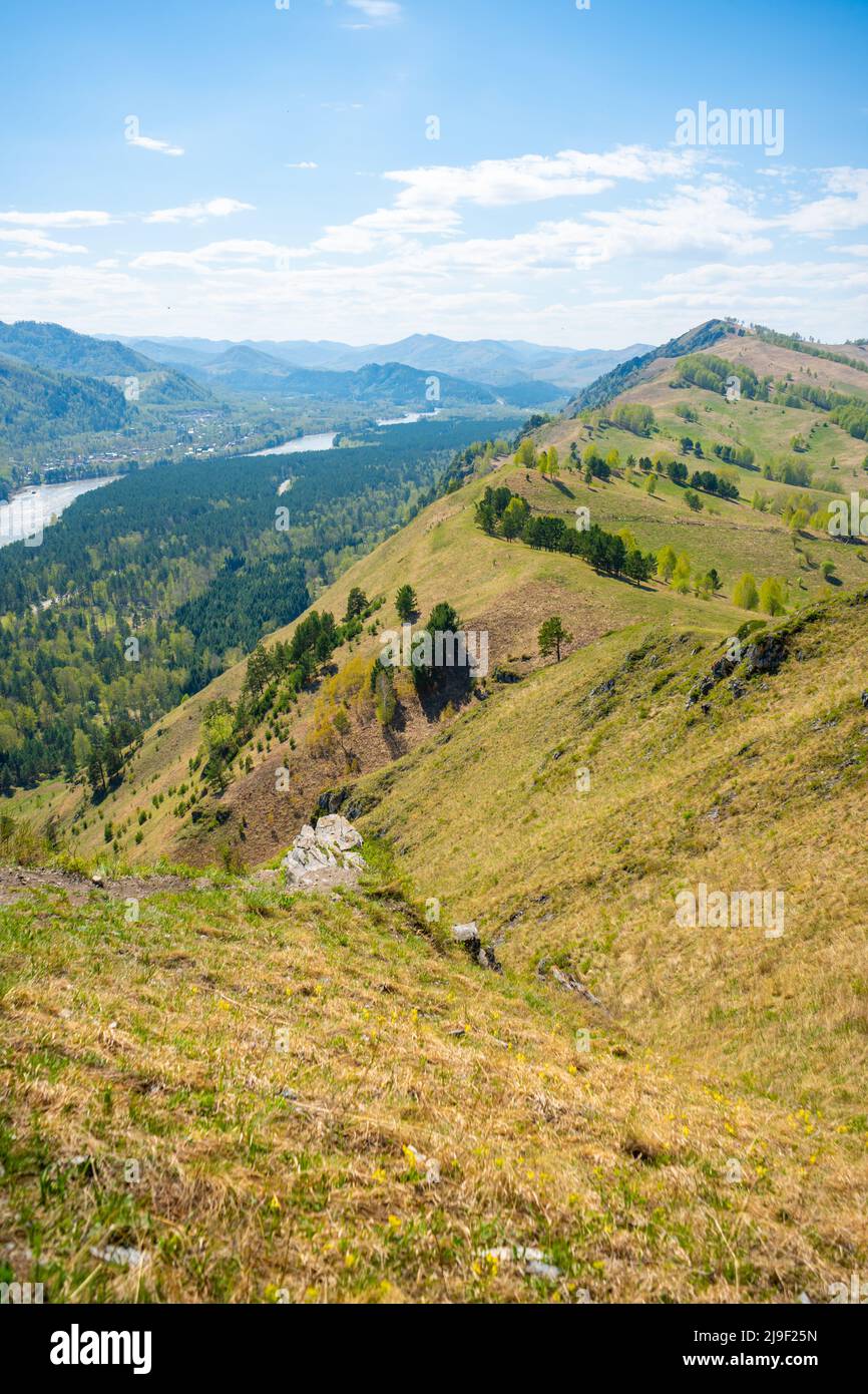 View with mountains, river Katun and valley from top of the rock - damn ...