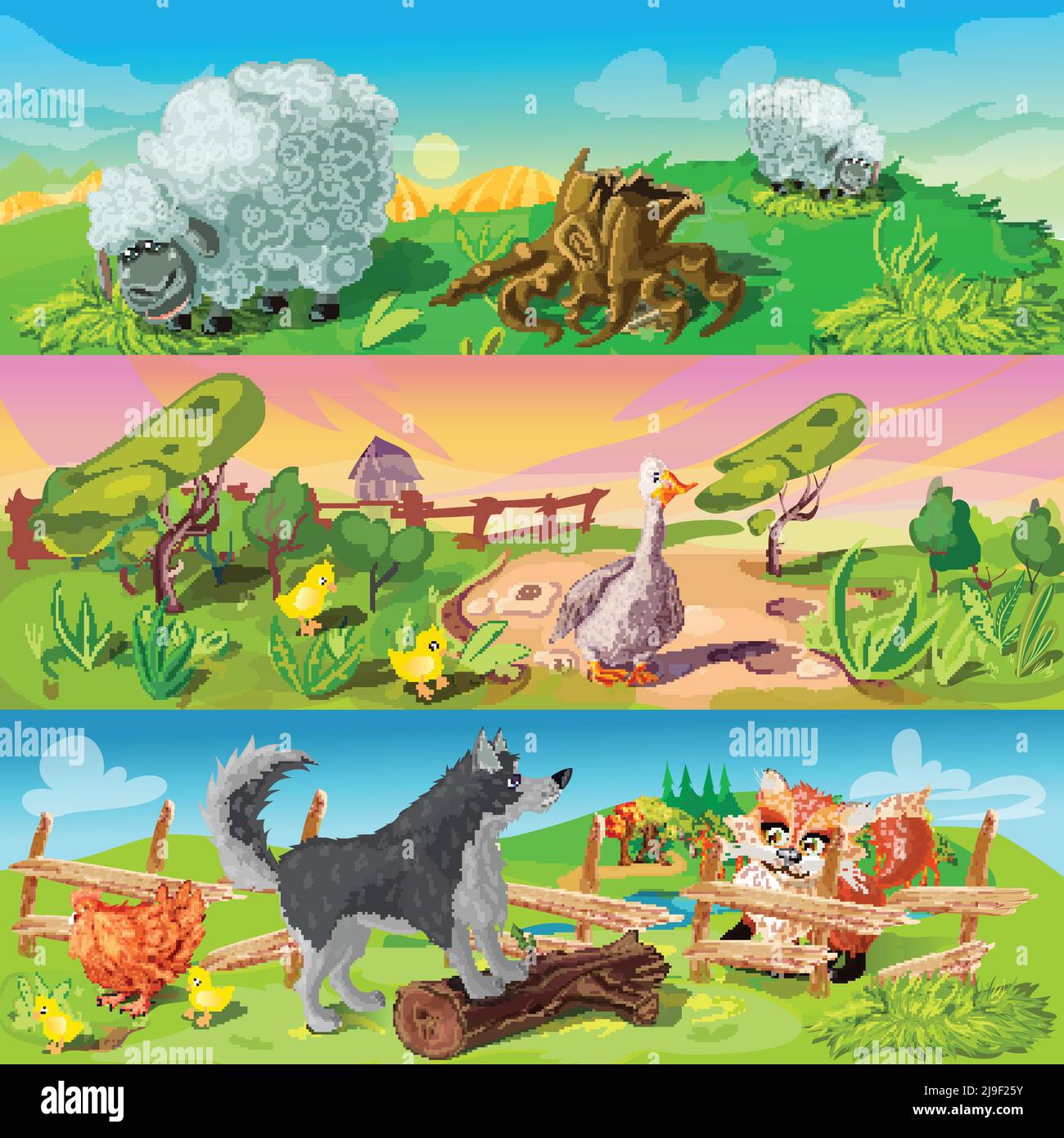 Cartoon animals three horizontal banners set with sheeps in field fowl ...