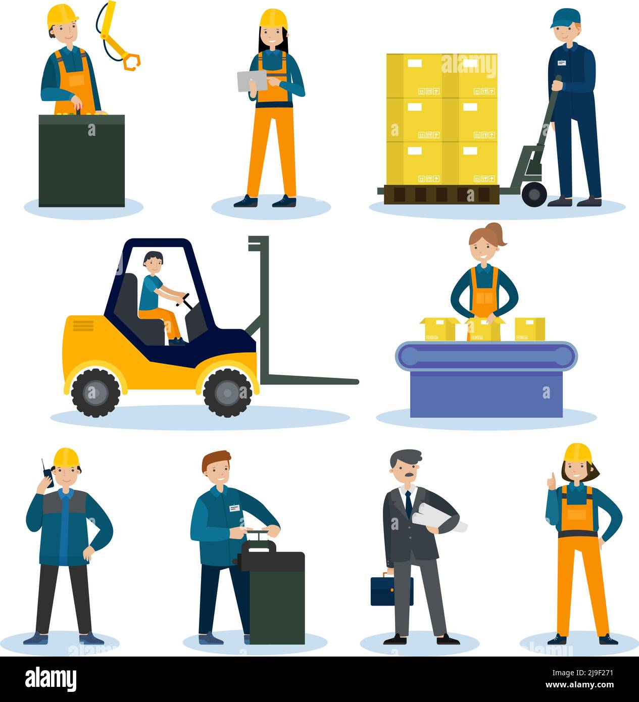 People in factory and warehouse set with workers of plant and storage in different situations ...