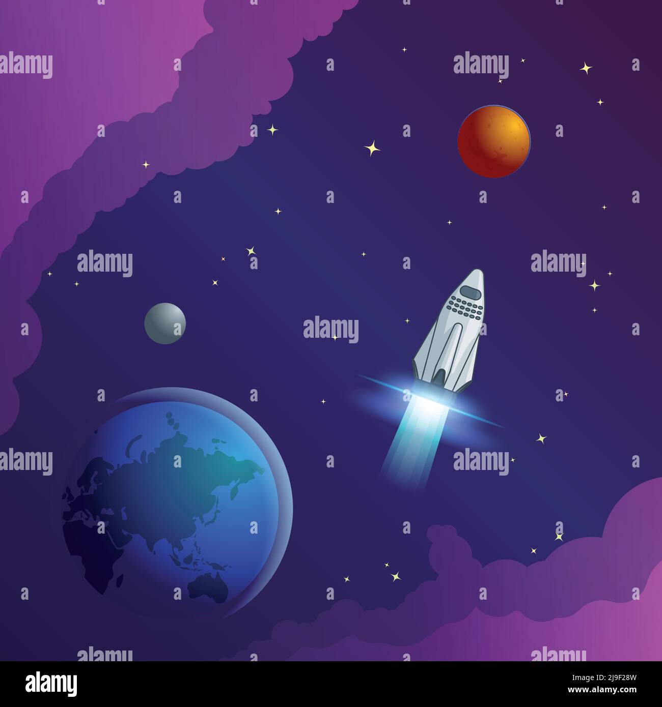 Colorful universe creative concept with rocket flying in outer space ...