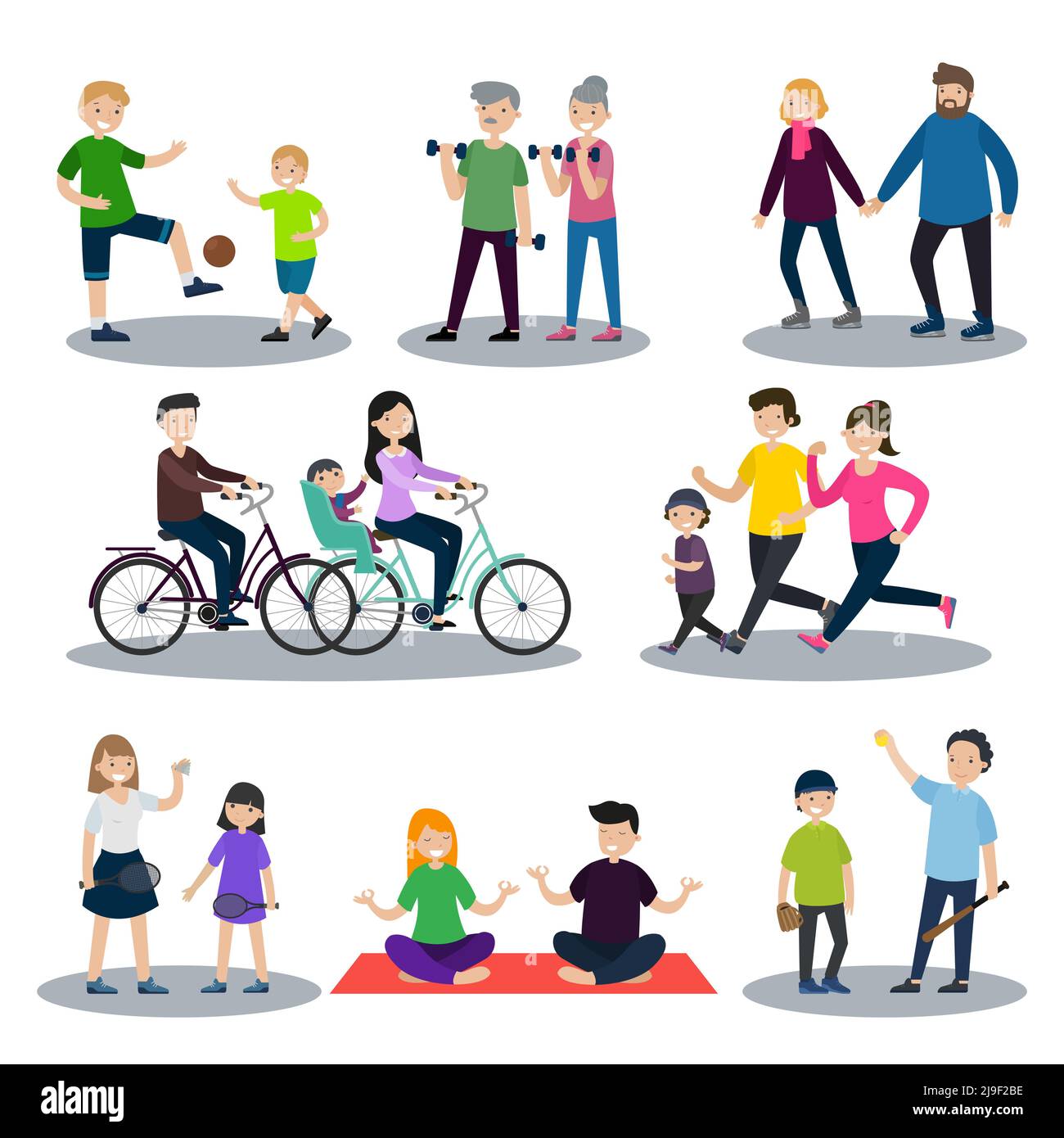 Sport and healthy family set with football fitness skating cycling ...