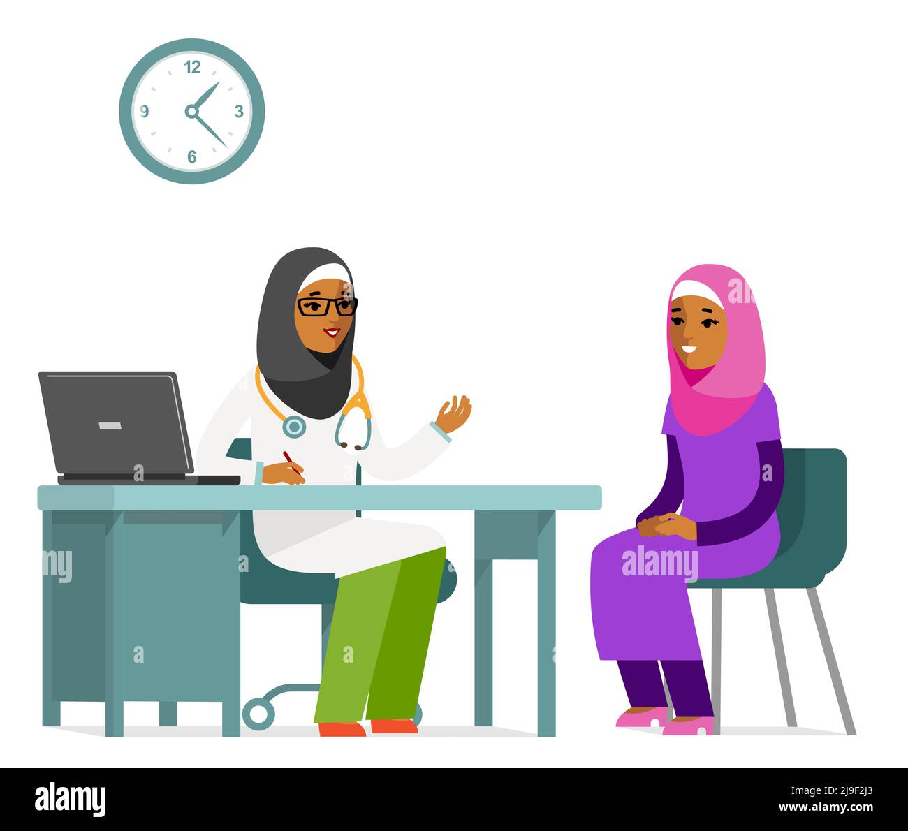 Practitioner islamic doctor and young woman patient in hospital medical ...
