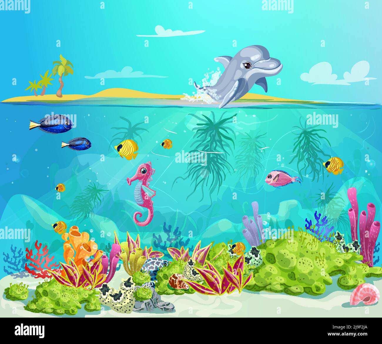 Cartoon sea life template with dolphin seahorse fishes shells marine ...