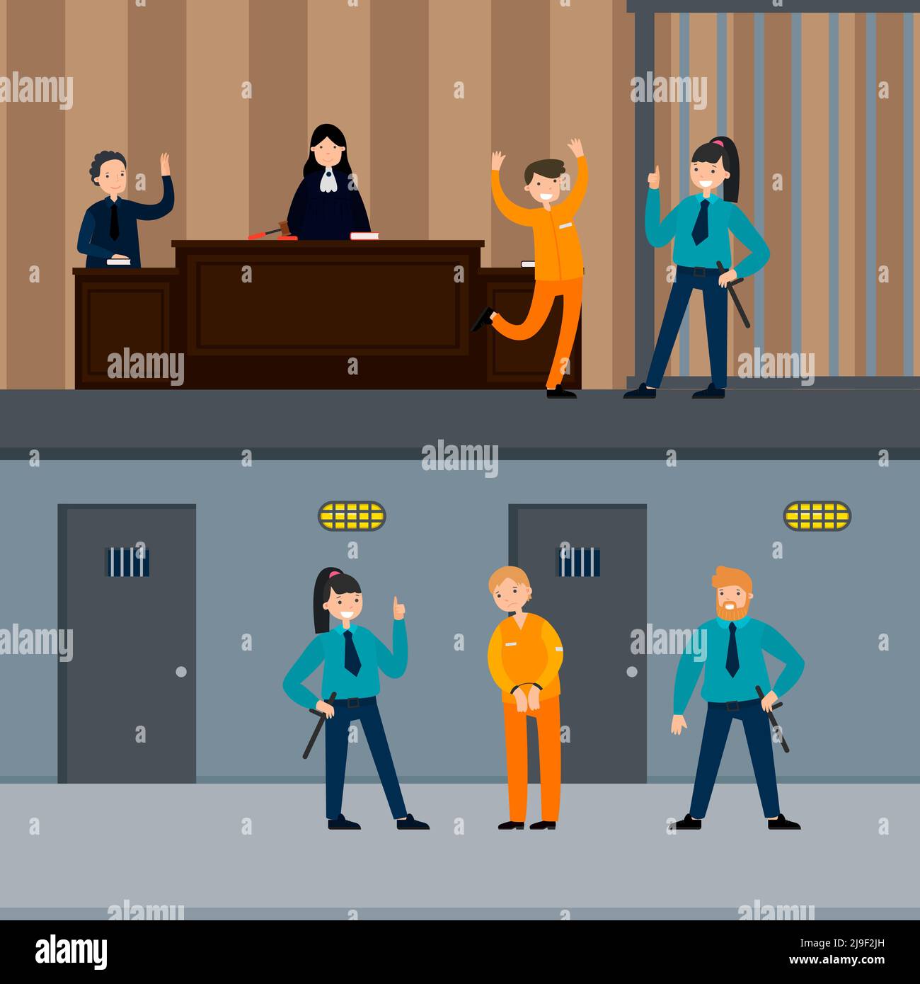 Judicial system horizontal banners with people in court session police ...