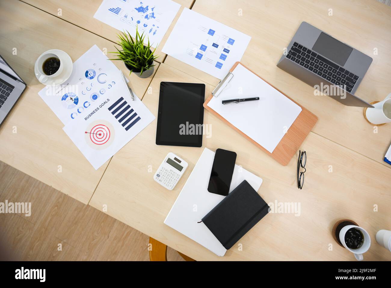 Overhead shot, Business meeting table or conference table with laptop ...