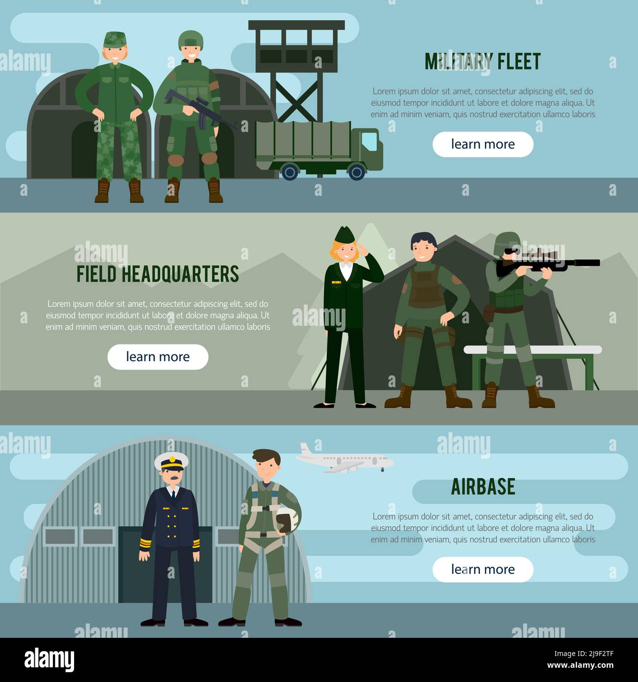 Flat military horizontal banners with infantry soldiers field ...