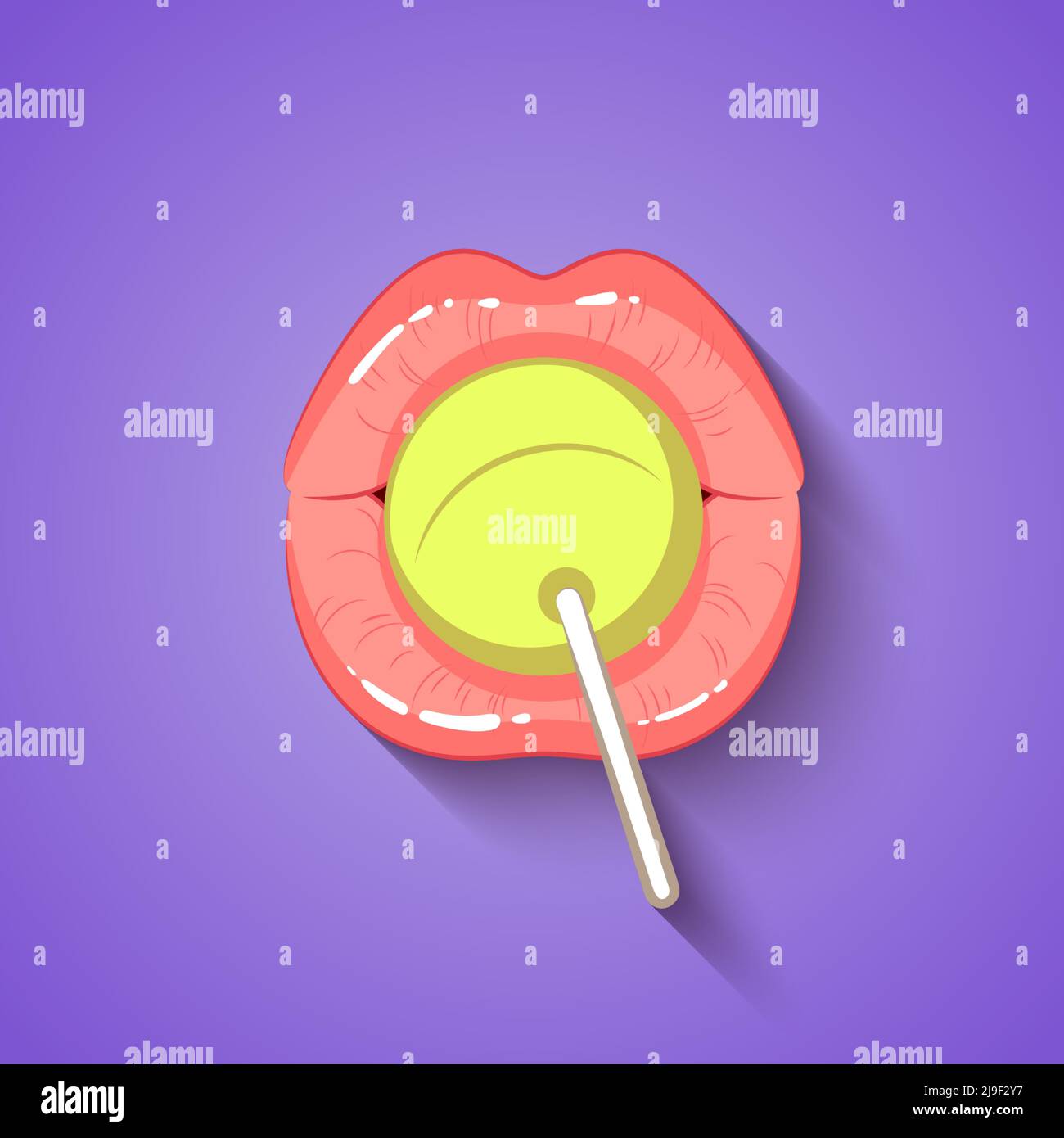 Mouth licking lollipop, female glossy pink lips and yellow candy on a ...