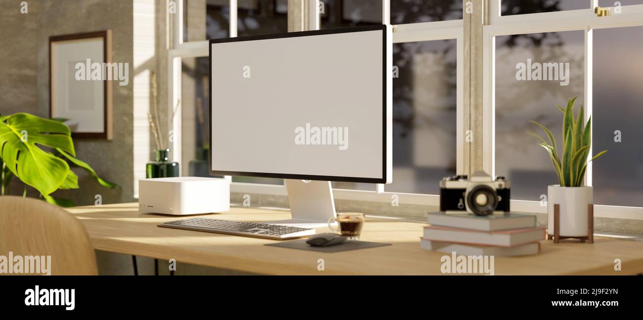 Comfortable minimal home workstation interior with pc desktop computer ...